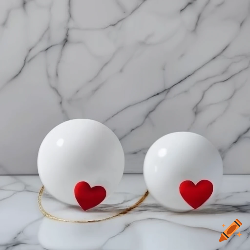 White round balls with red hearts floating above marble stone with gold ...