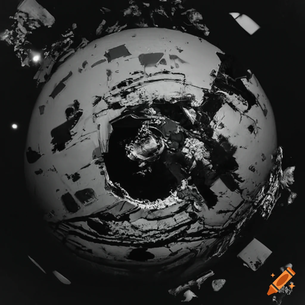 Battle damaged spaceship wreck in space on Craiyon