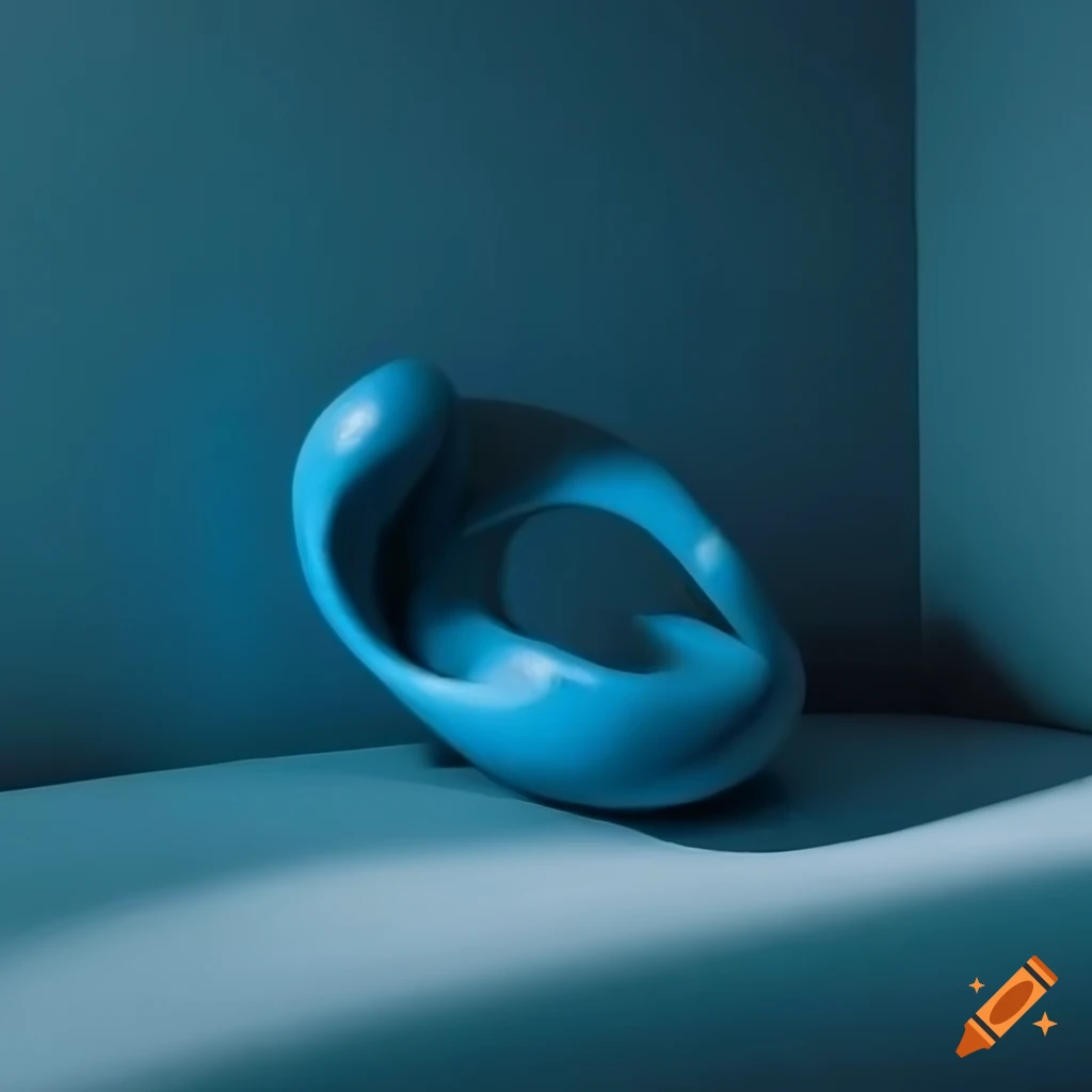 Strange blue ceramic objects on shelf in dark hotel room on Craiyon