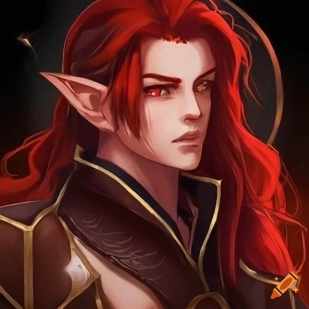 Young male warlock elf with pale skin, long wavy red hair and red eyes ...