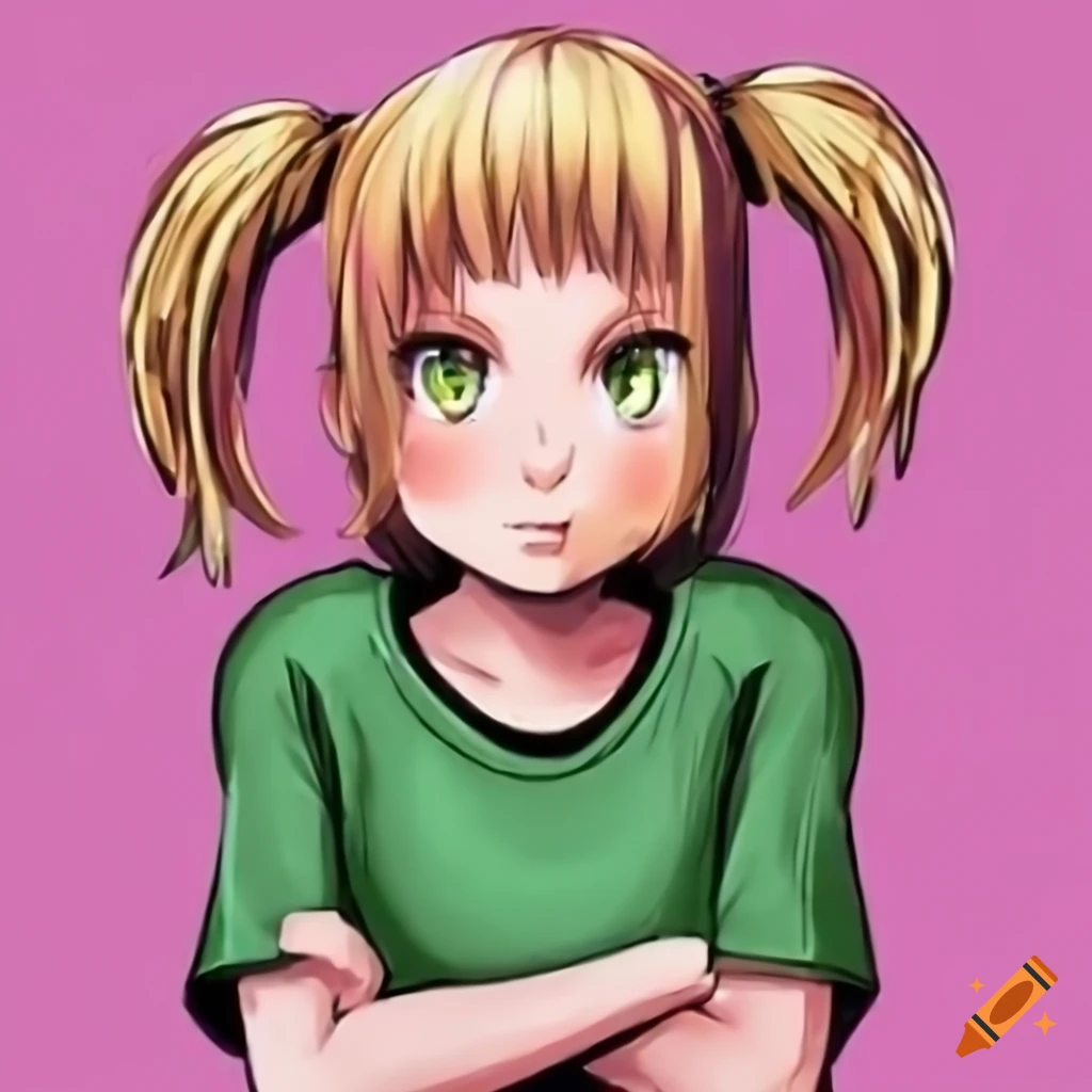 Anime Girl With Blonde Hair Green Eyes And Pink Sleeveless T Shirt On
