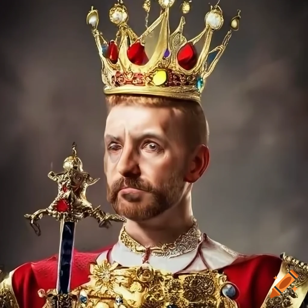 Regal king with ornate crown and noble sword on Craiyon