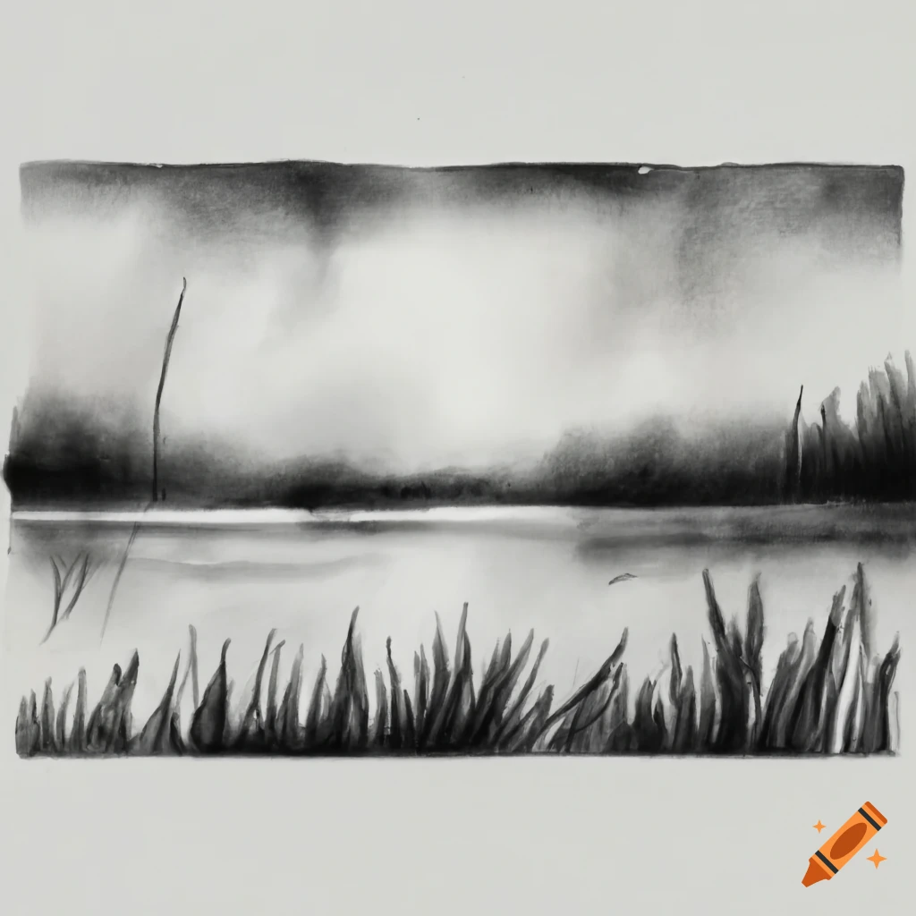 Lake grass in a charcoal drawing in black and white on Craiyon