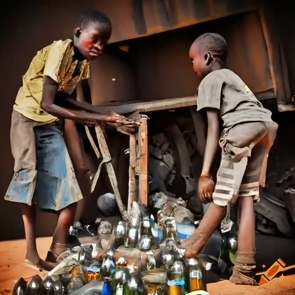 African boys building a lorry truck from scrap metal and beer bottles ...