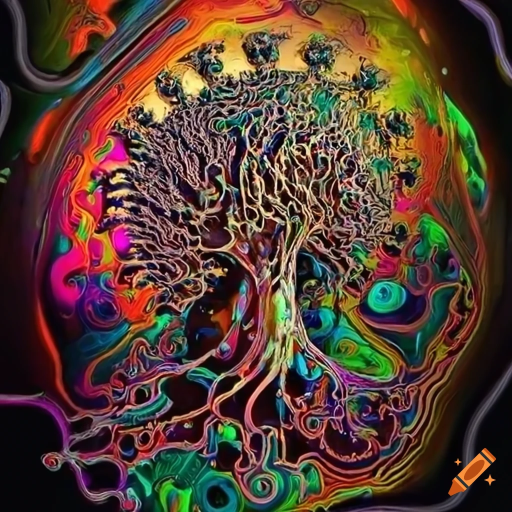 Psychedelic alien tree in tube art style with tropical plants in retro futurism on Craiyon