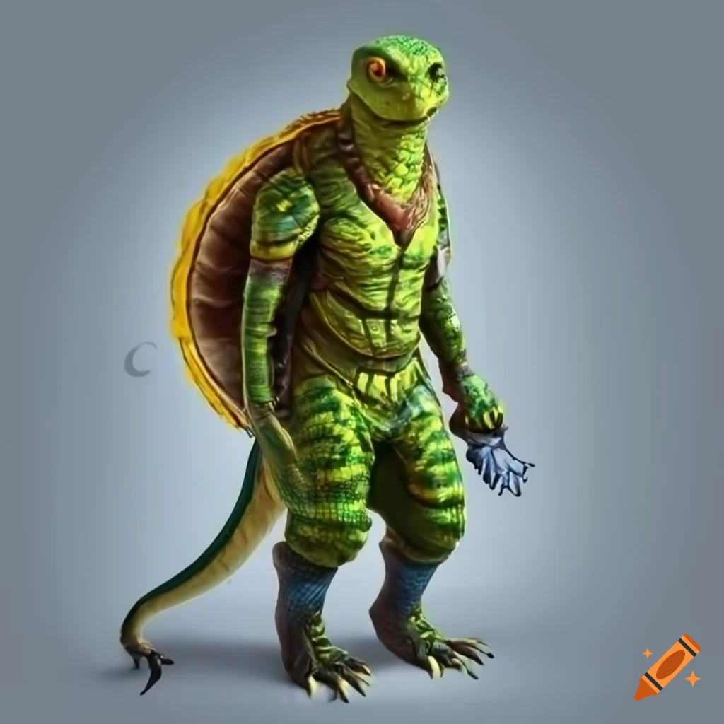 Anthropomorphic lizard foot soldier with turtle shell and boots on Craiyon