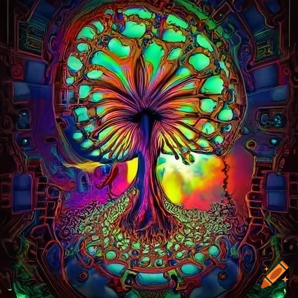 Psychedelic alien tree in tube art style with tropical plants in retro futuristic forest setting ...