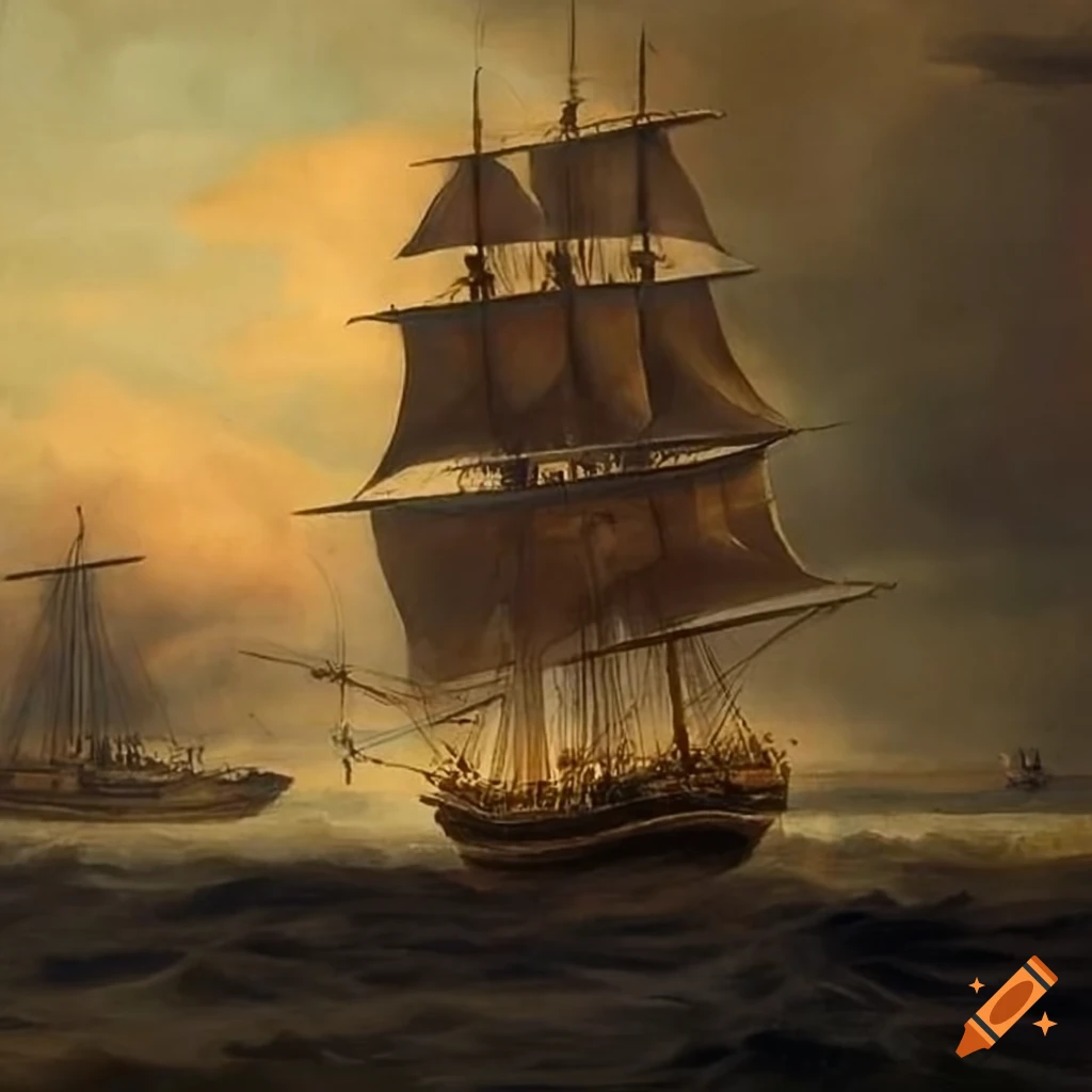British sailing warship square rigger in a historic painting on Craiyon