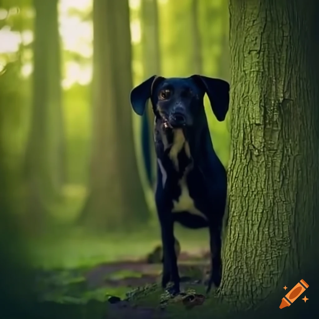 Black dog hiding behind trees on Craiyon