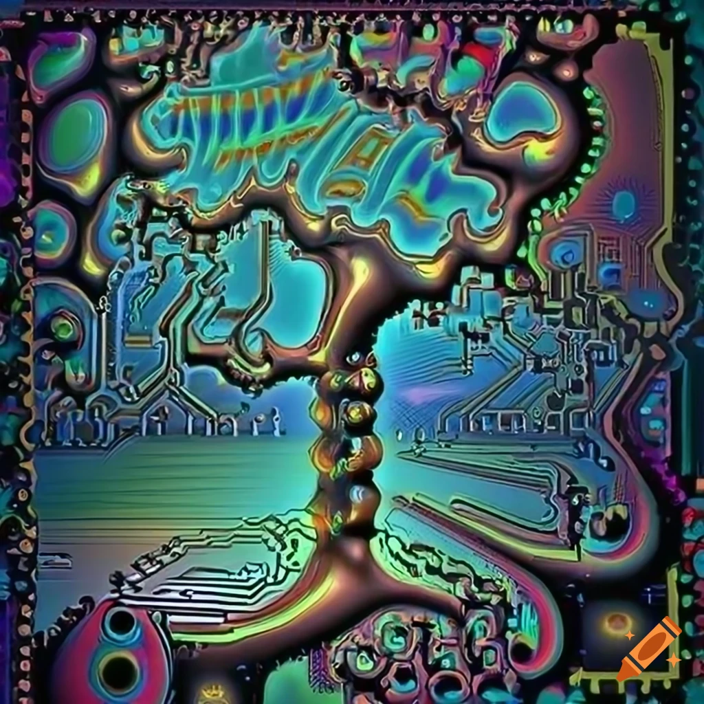 Psychedelic alien tree in tube art style with tropical plants in retro ...