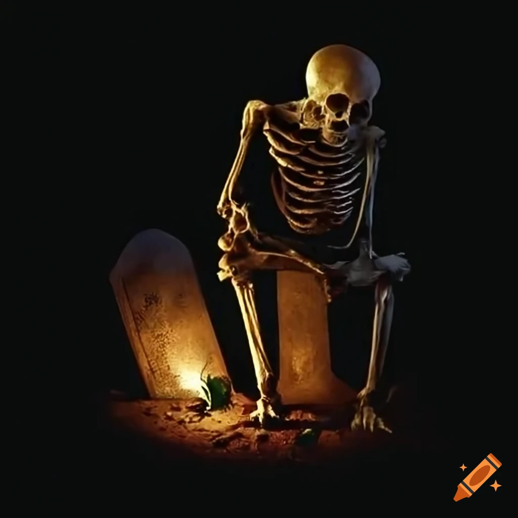 Skeleton digging a grave with an "Alone" gravestone on Craiyon