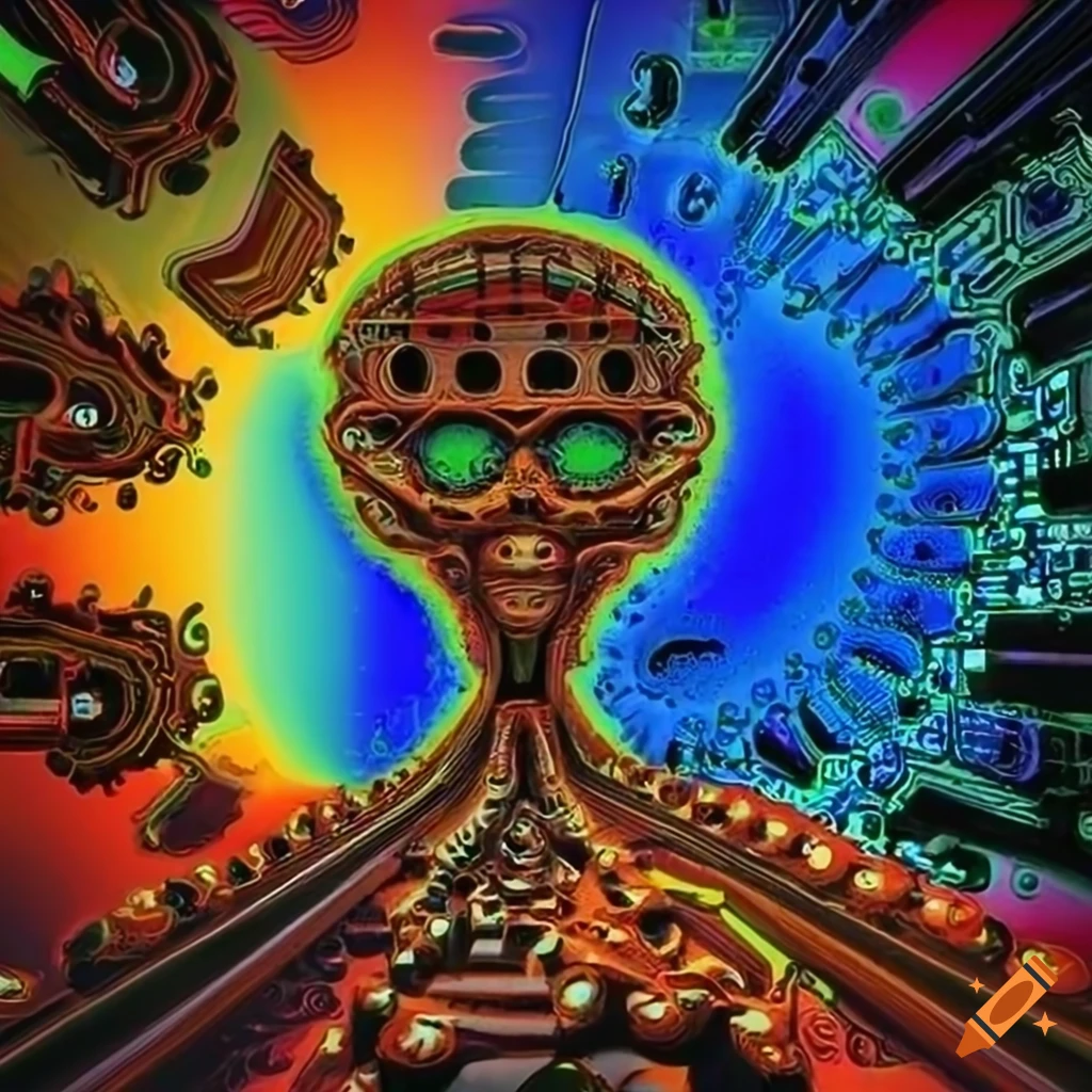 Psychedelic alien tree in tube art style with technical drawing of ...