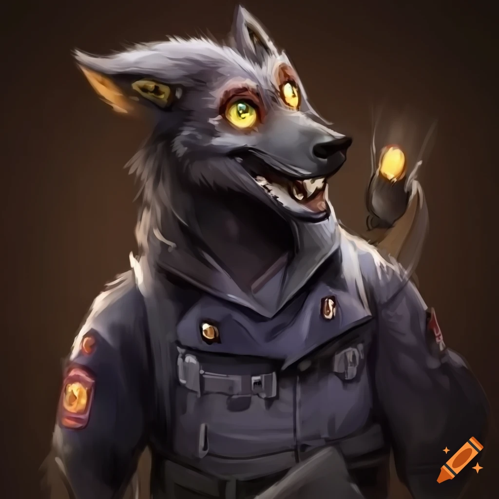 Anthropomorphic grey wolf in police uniform on Craiyon