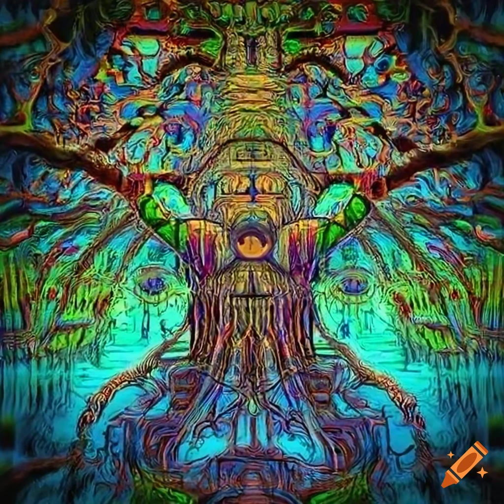 Psychedelic alien tree in tube art style with tropical plants in retro futurism on Craiyon