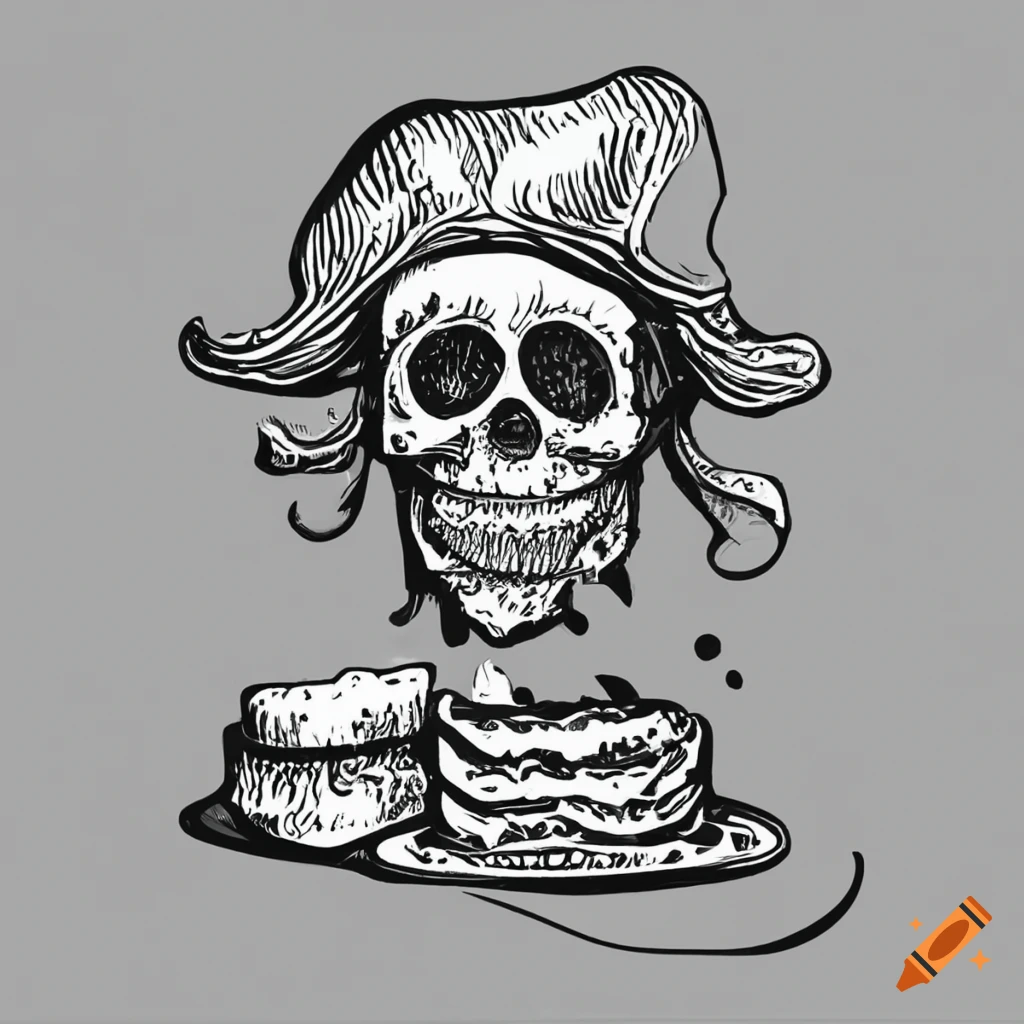 Jolly roger enjoying a cake in black and white art style on Craiyon