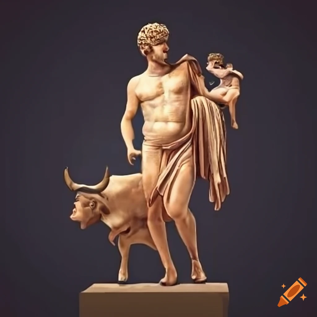 Ancient Greek man holding a baby with a bull nearby on Craiyon