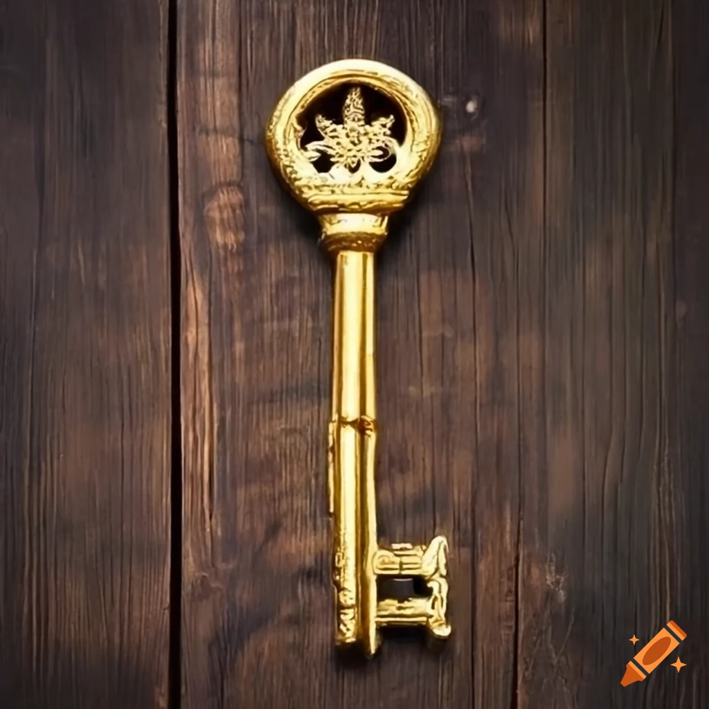 Old big gold saint peter key on a wooden table on Craiyon