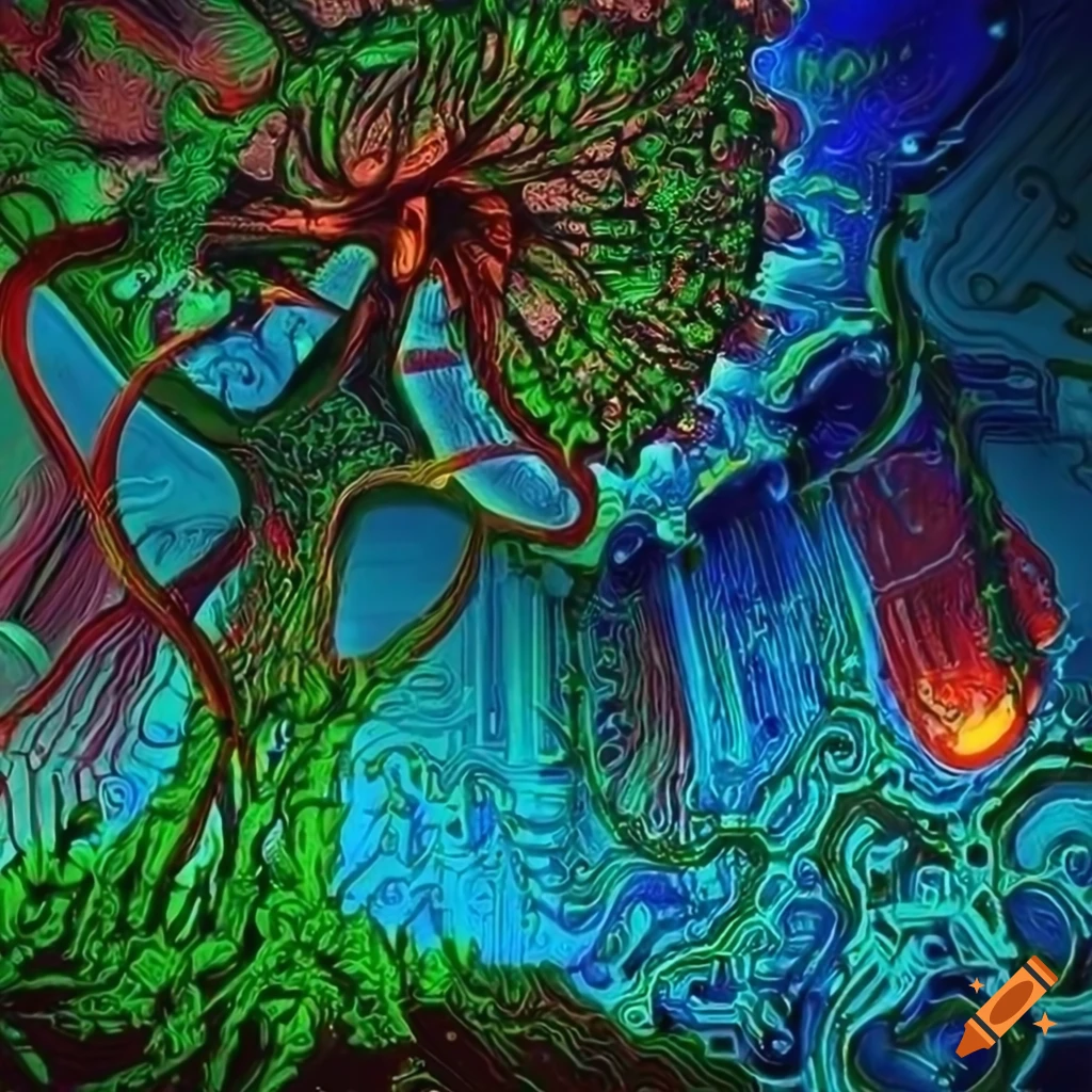 Psychedelic alien tree in tube art style with tropical plants in retro futuristic forest setting ...