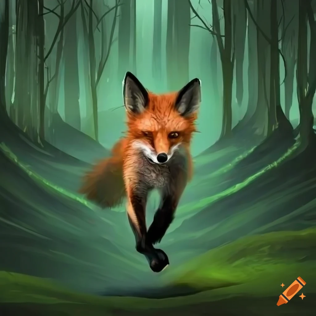 Fantasy fox with human face running in a forest on Craiyon