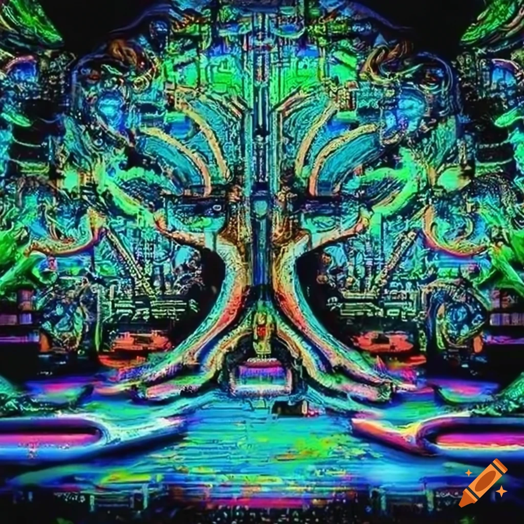 Psychedelic alien tree in tube art with electronic circuit board ...
