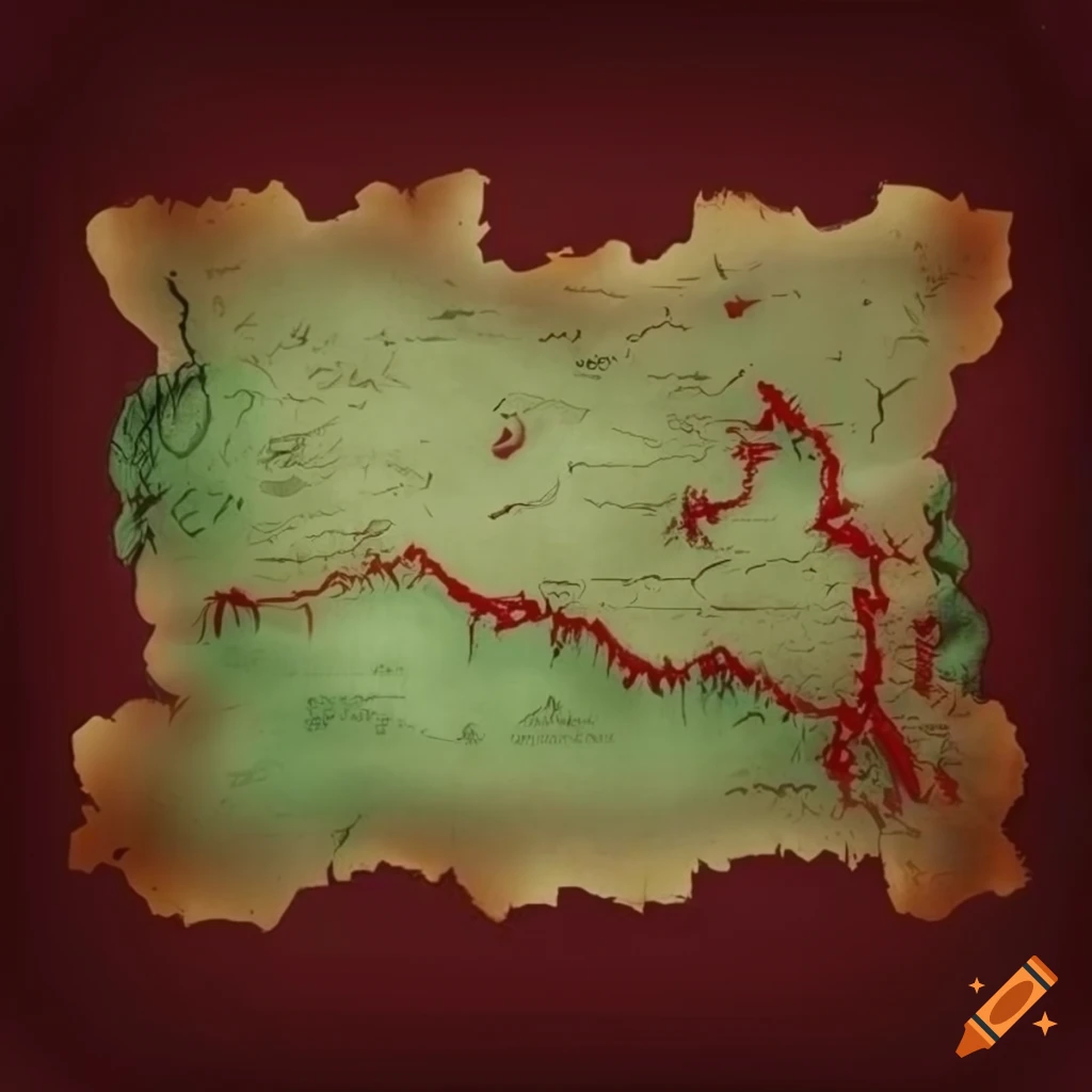 Realistic treasure map drawn on parchment paper with dark red and green ...
