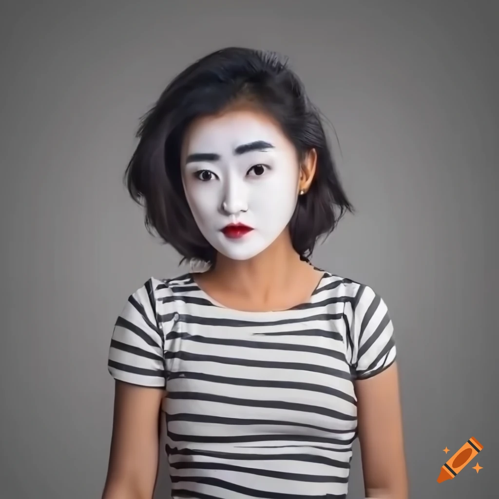 Asian woman dressed as a mime with neutral expression on Craiyon