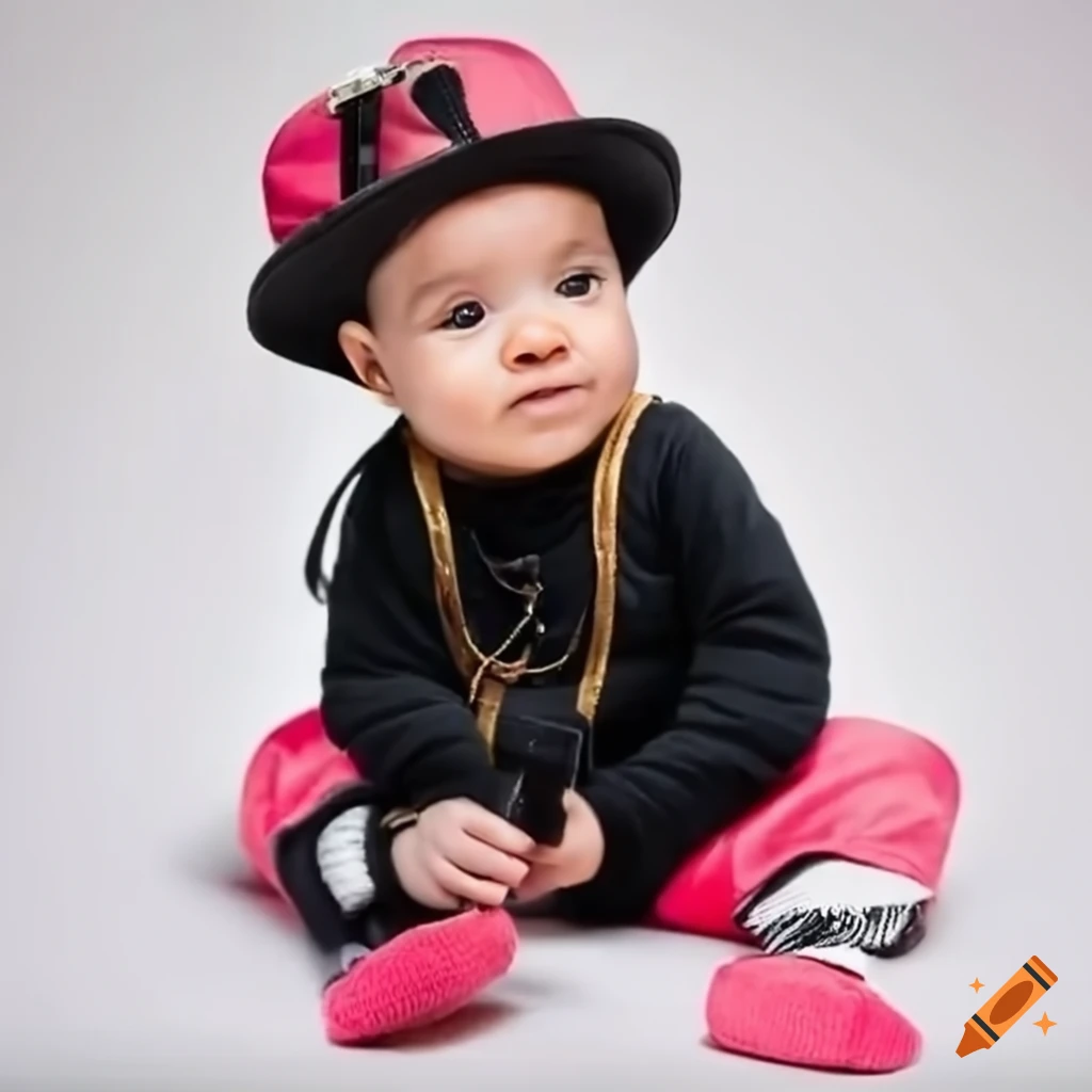 Stylish baby in hip hop attire holding a toy microphone on Craiyon
