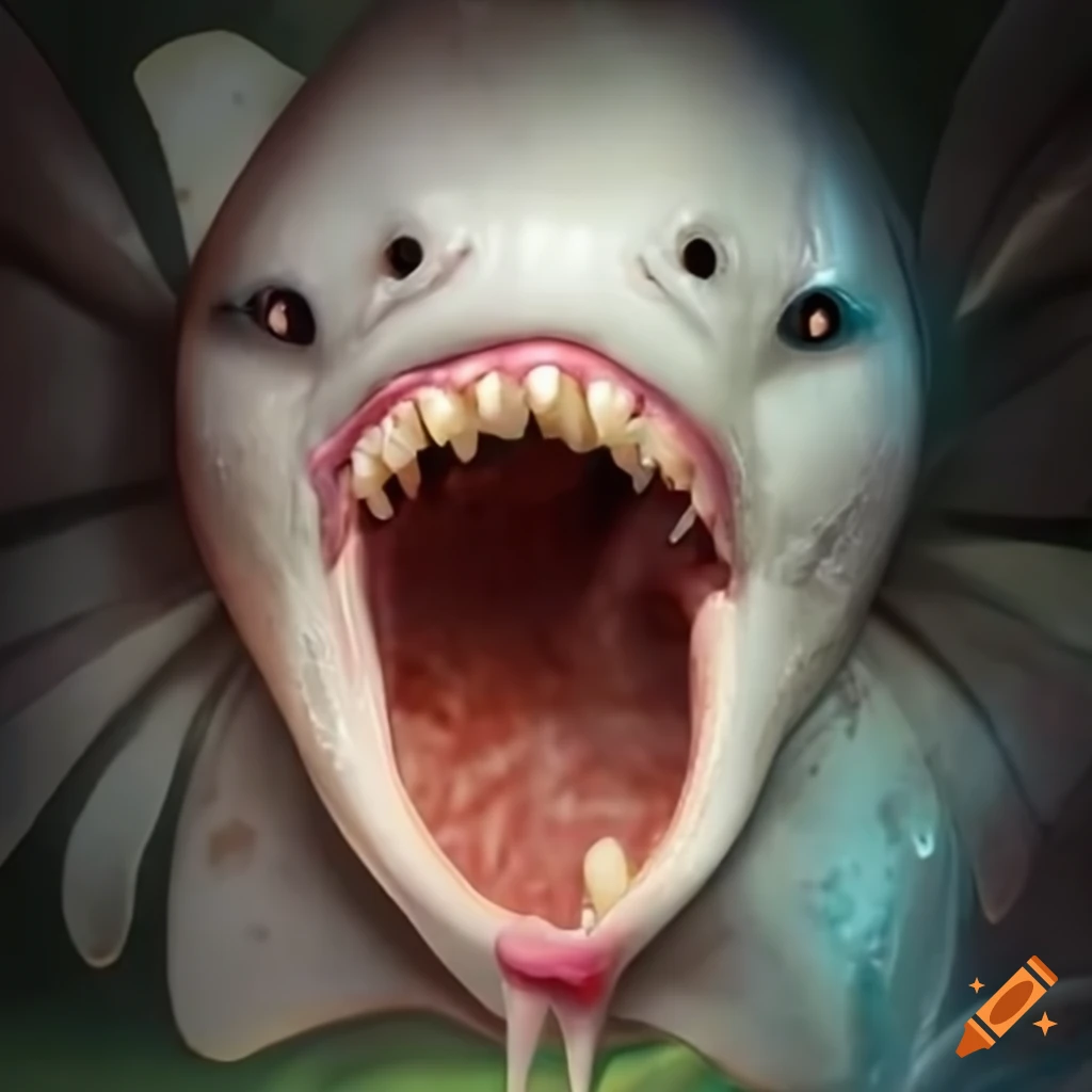 Creepy tooth fairy with shark teeth in a unique depiction on Craiyon