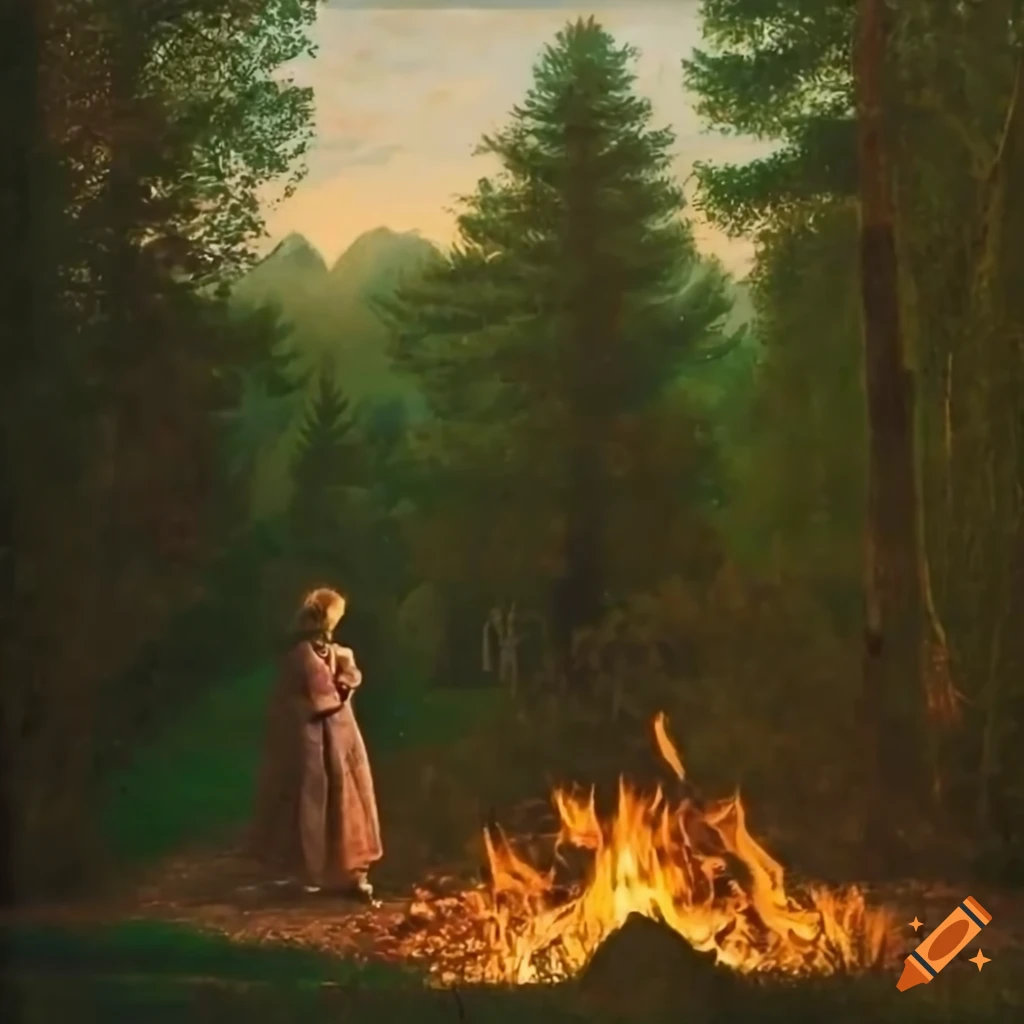 Two people standing in a meadow with a green tree and tall campfire ...