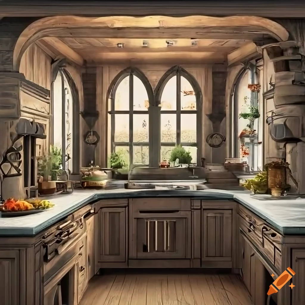 Cozy carpenter gothic cottage kitchen with bay window and pointed ...