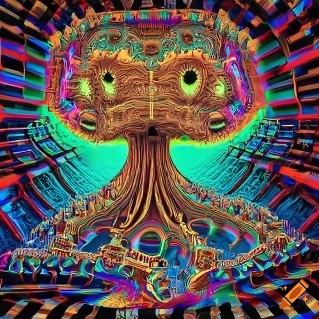 Psychedelic alien tree in tube art style with tropical plants in retro futurism on Craiyon