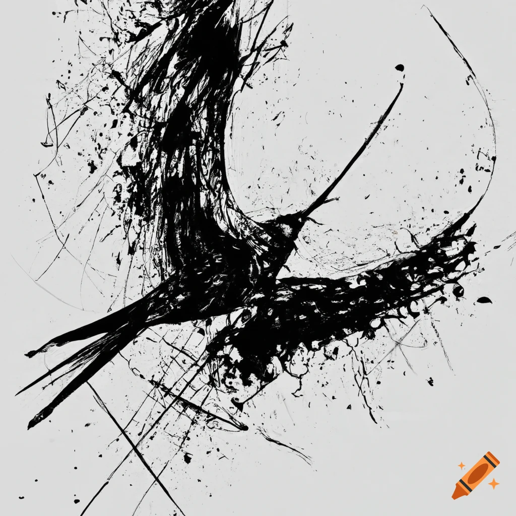Abstract black ink bird illustration on white paper on Craiyon