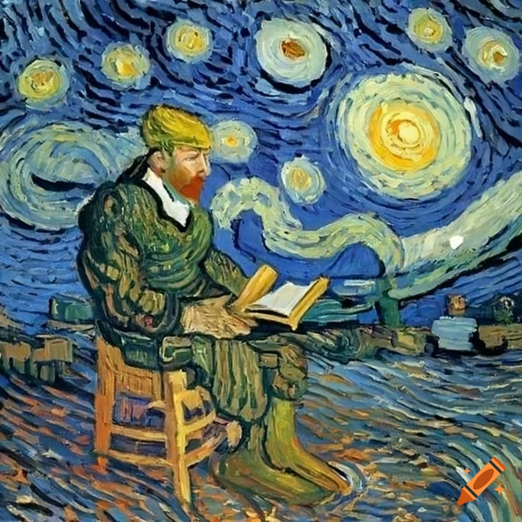 Vincent Van Gogh reading a book with his loyal dog in Starry Night ...