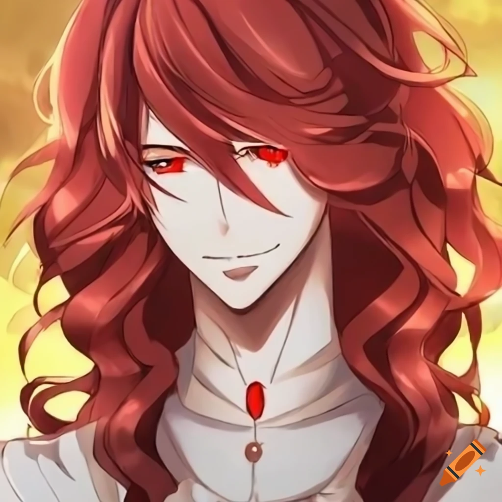 Anime prince with long wavy red hair and red eyes on Craiyon