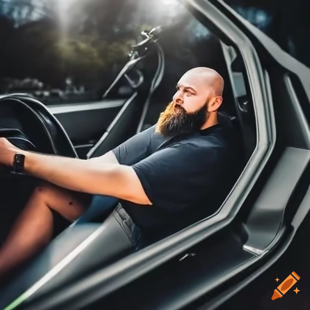 Man with heavy beard sitting in Lamborghini with open doors on Craiyon