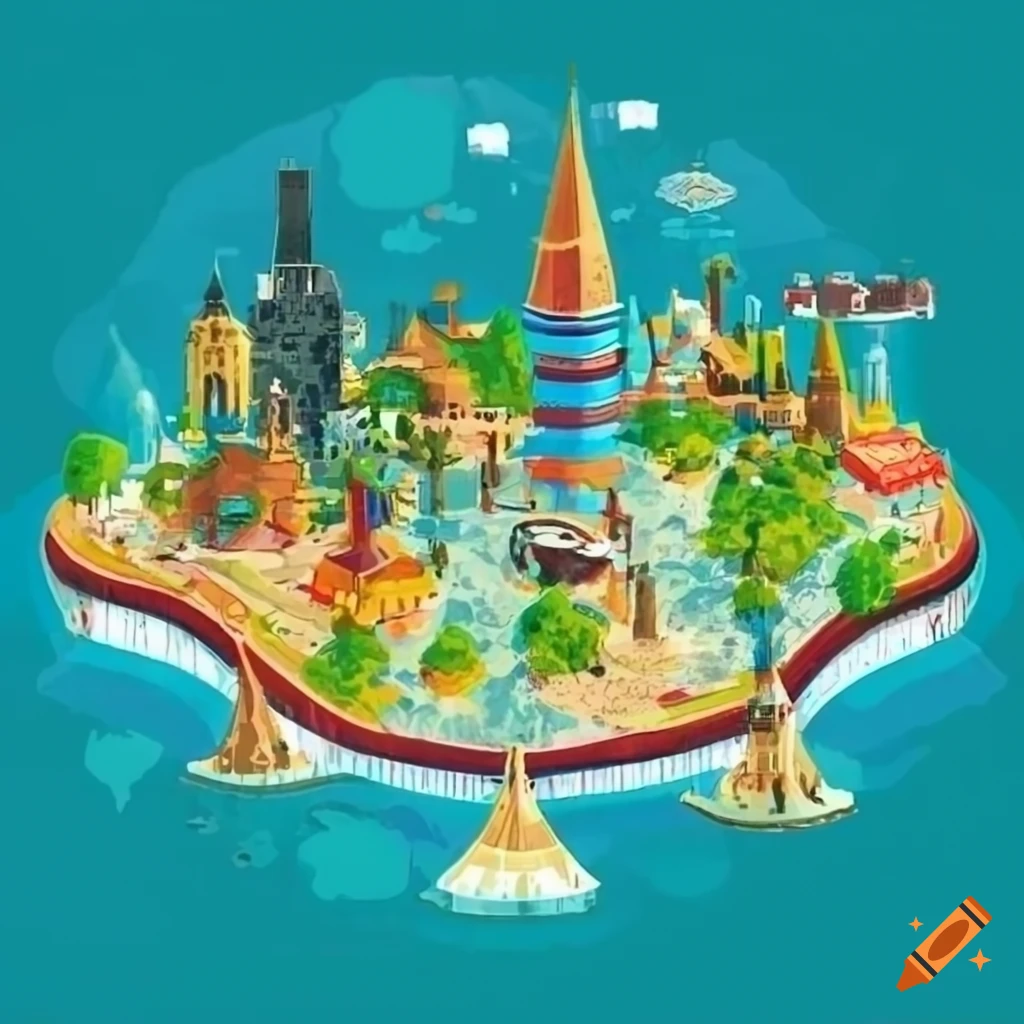 Vibrant infographic of world island territories and landmarks on Craiyon