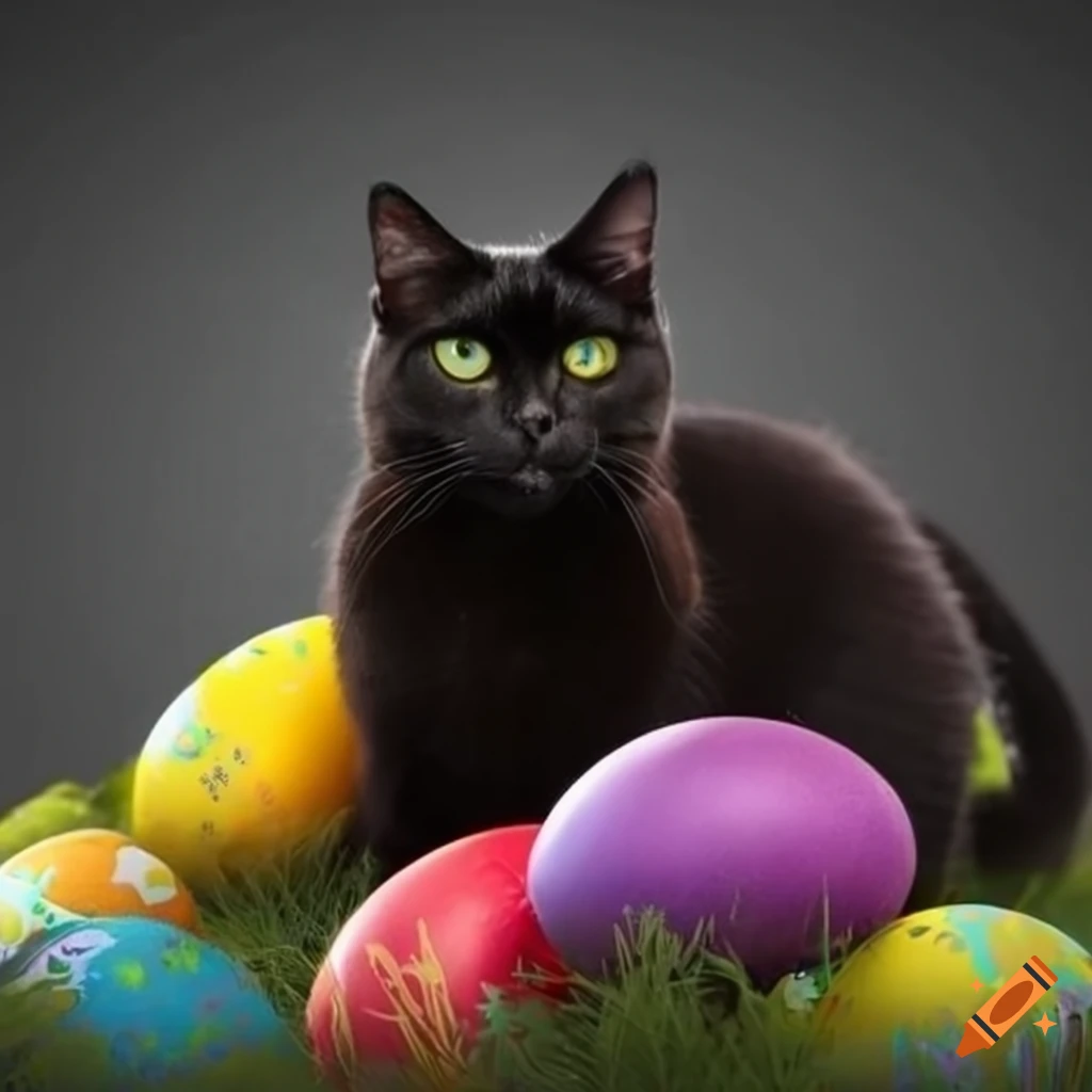 Black cat surrounded by easter eggs on Craiyon