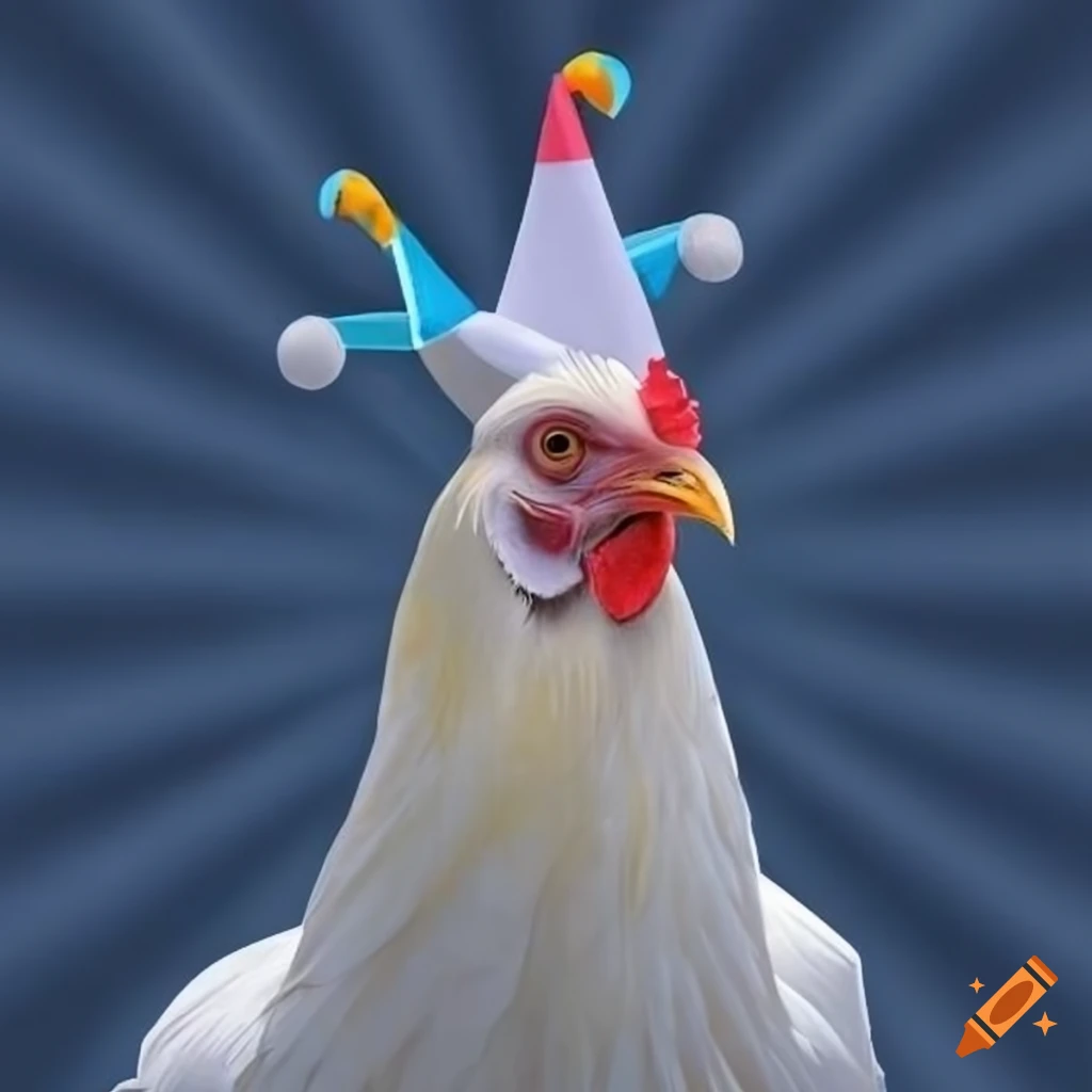 White chicken with jester hat on blue starburst background on Craiyon