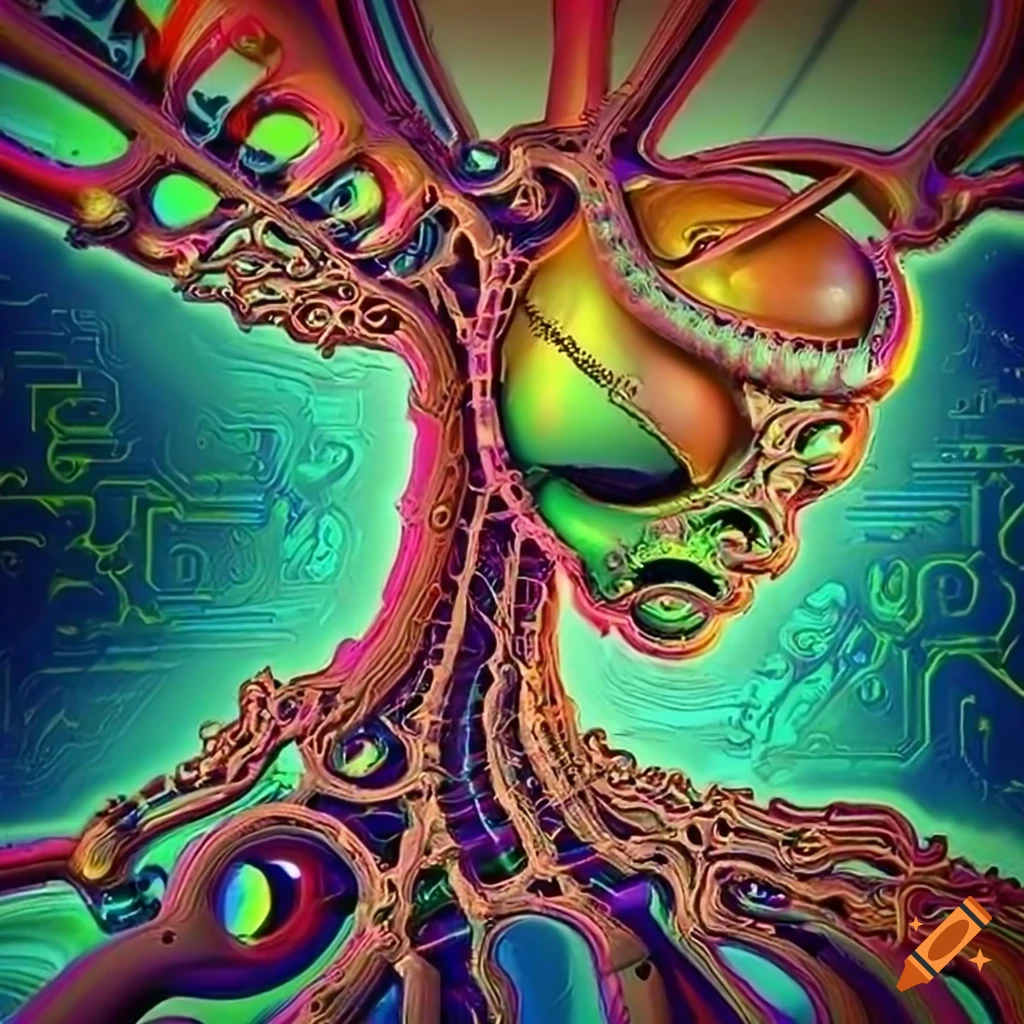 Psychedelic alien tree in tube art style with tropical plants in retro ...