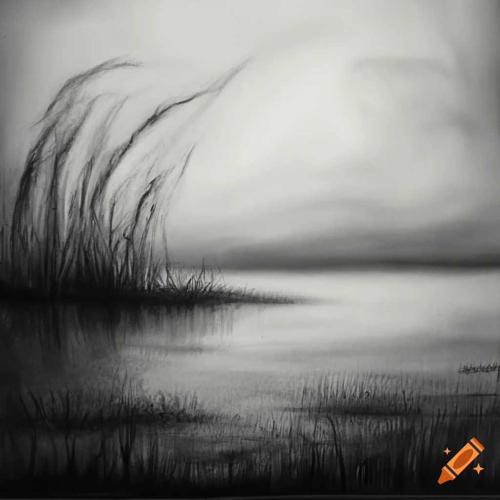 Lake grass charcoal drawing in black and white on Craiyon