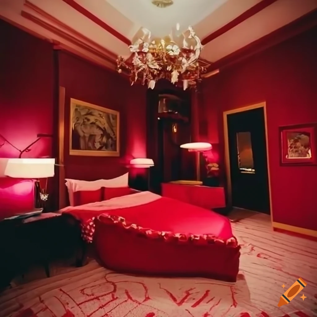 Romantic hotel room with pink and red tones and heart-shaped bed on Craiyon