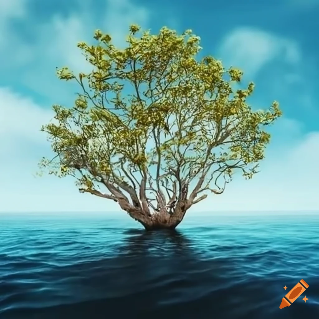 Unique tree on an island in the middle of an ocean with magical growth ...