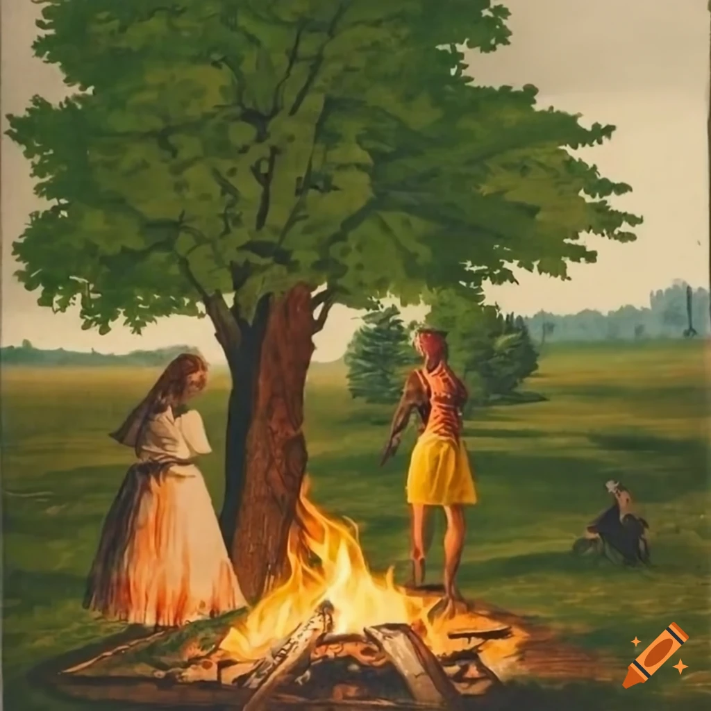 Two people standing in a meadow with a green tree and tall campfire ...