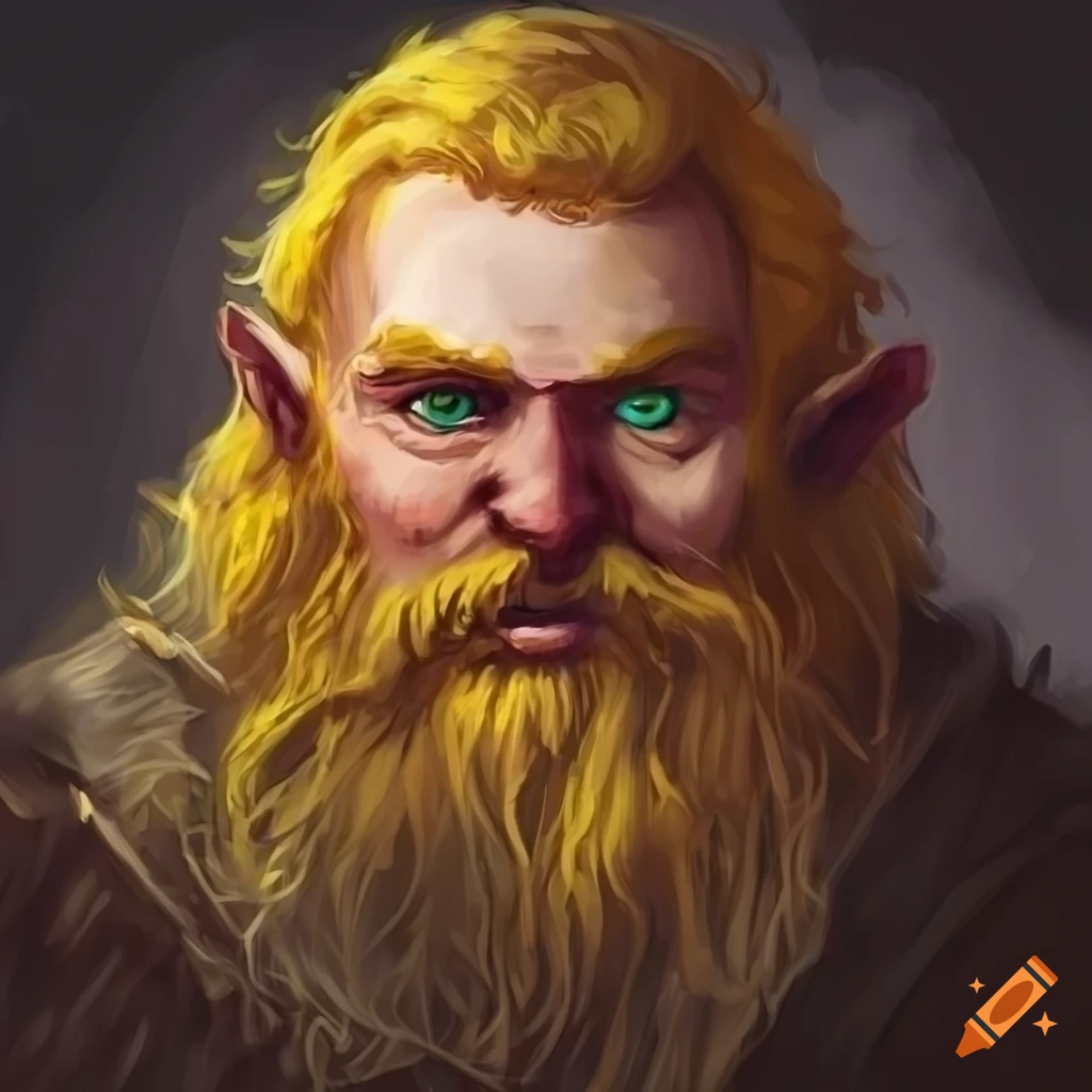 Portrait of a hill dwarf with long yellow hair and emerald green eyes ...