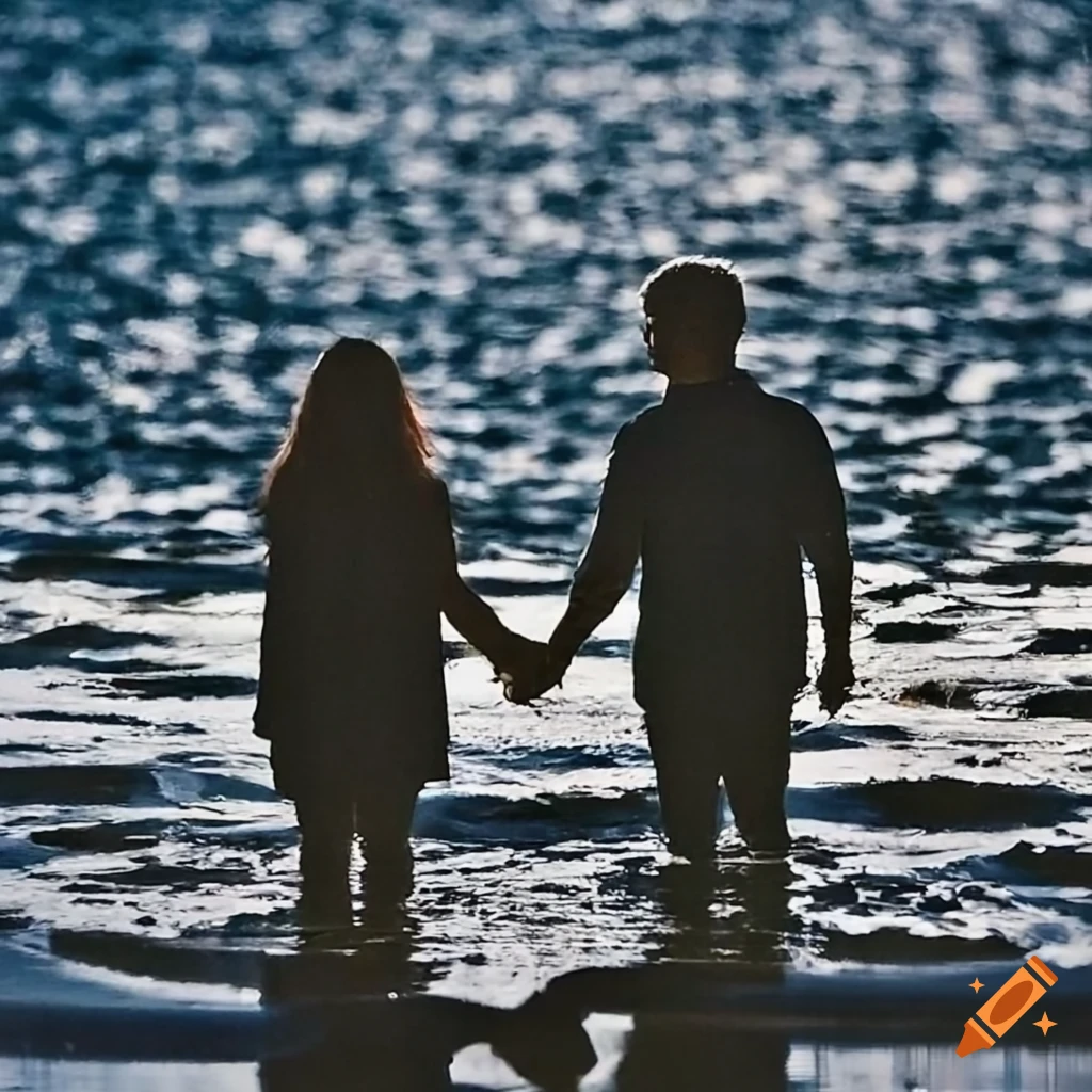 Silhouette of a couple over heart-shaped water puddle in analog ...