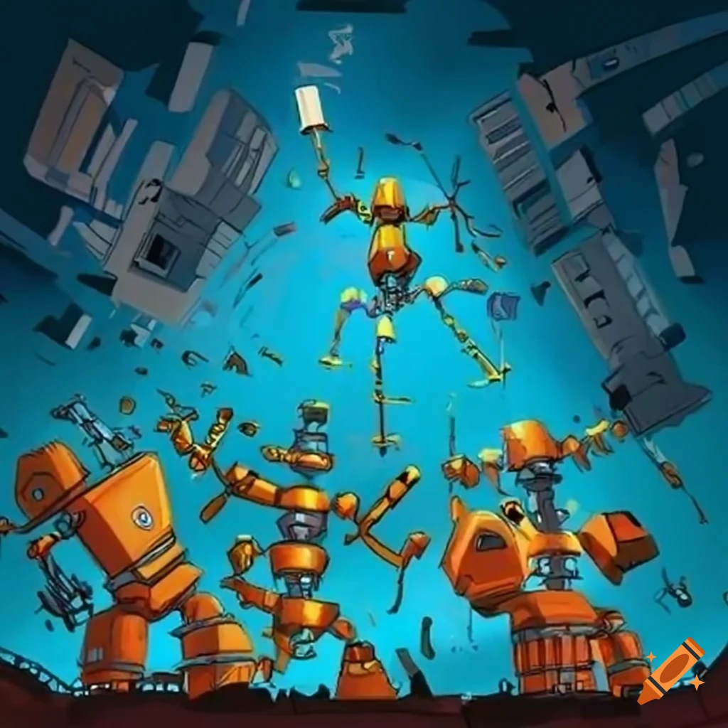 Spectacular cartoon battle scene between towering robots in comic style ...