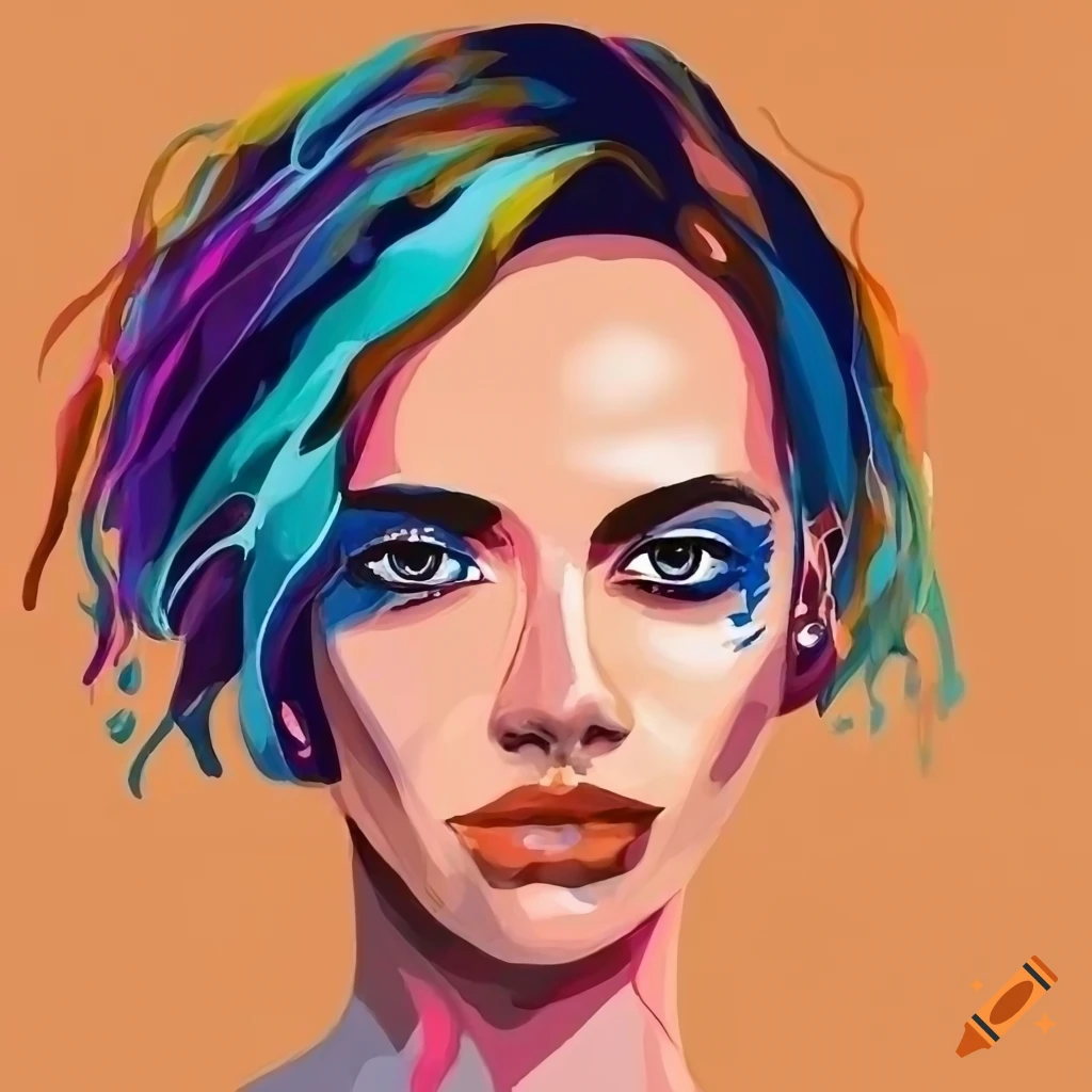 Abstract painting of a positive minded woman with expressive dark eyes ...