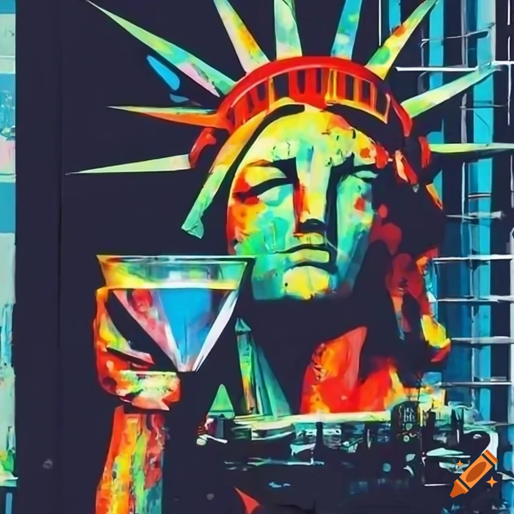 Modern street art of Statue of Liberty with Martini and Empire State ...