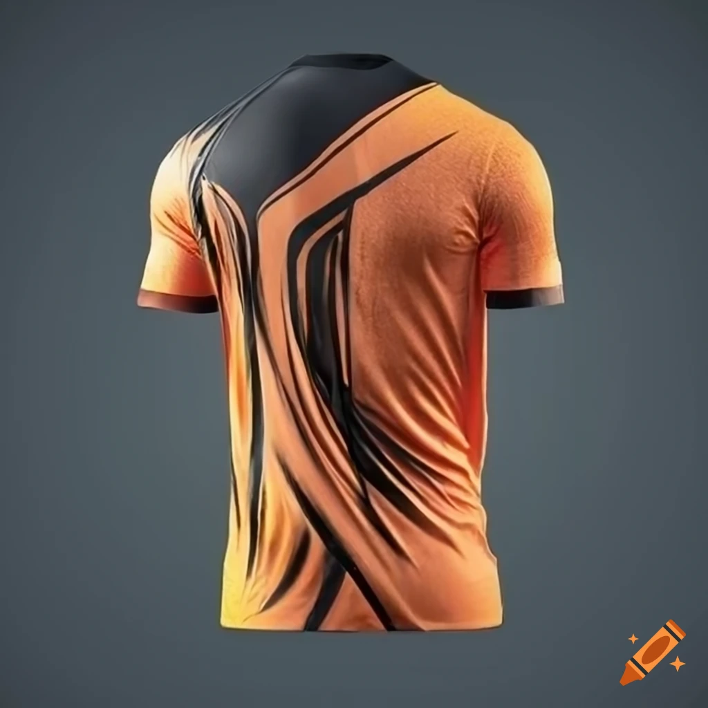 Vibrant orange and black football shirt design on Craiyon