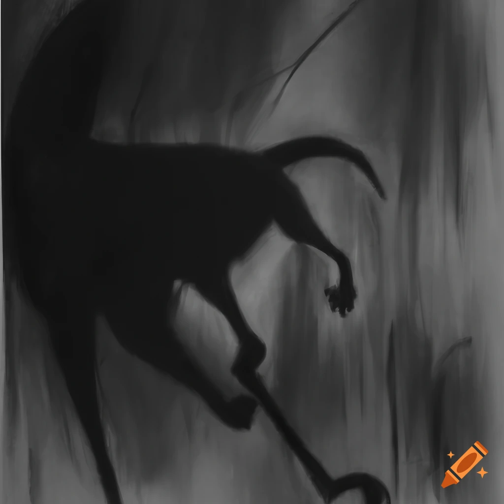 Dark dog shadow running in a village setting in charcoal drawing on Craiyon